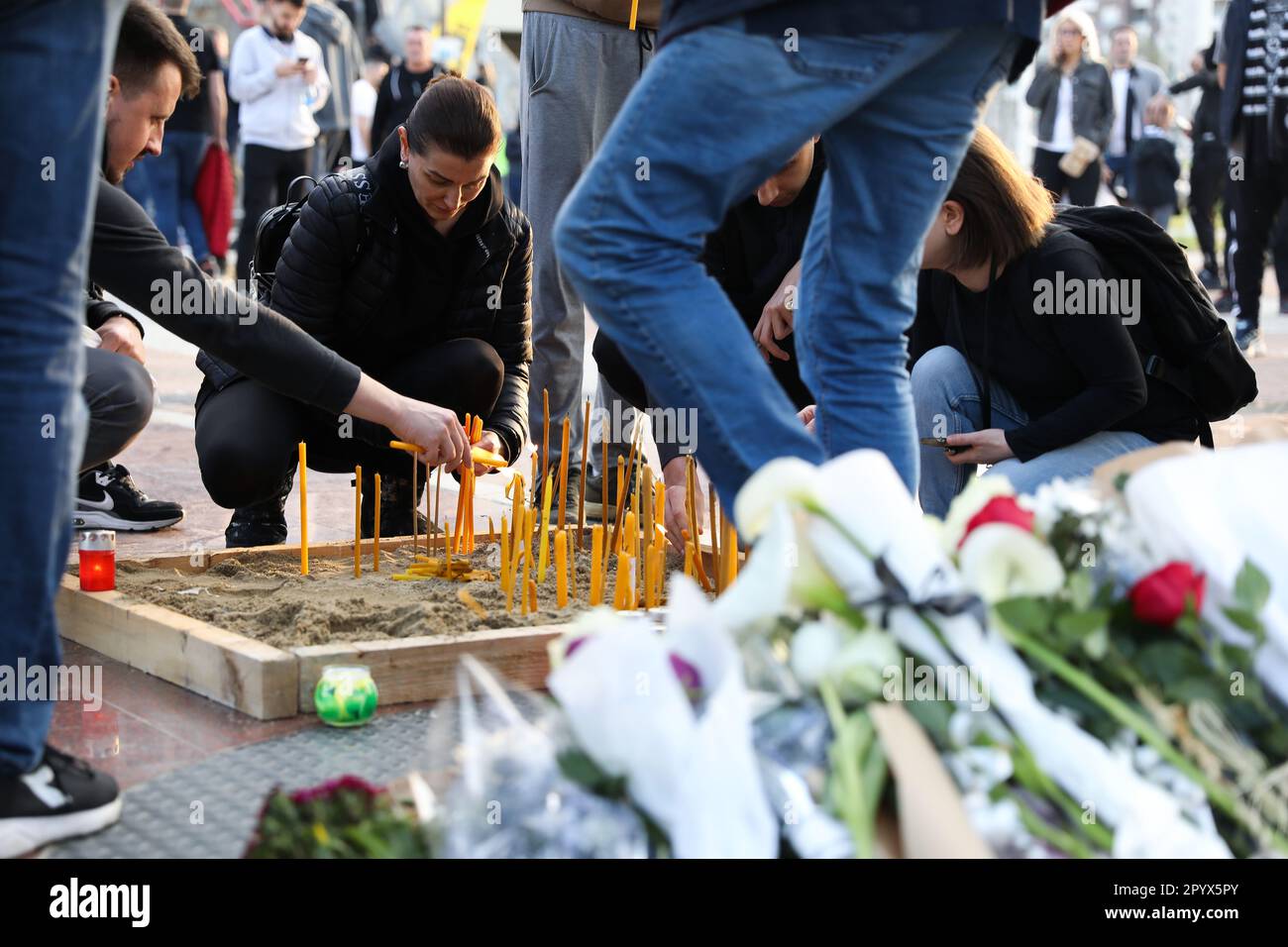 Belgrade, Serbia, 4 May 2023. People leave flowers for the victims ...