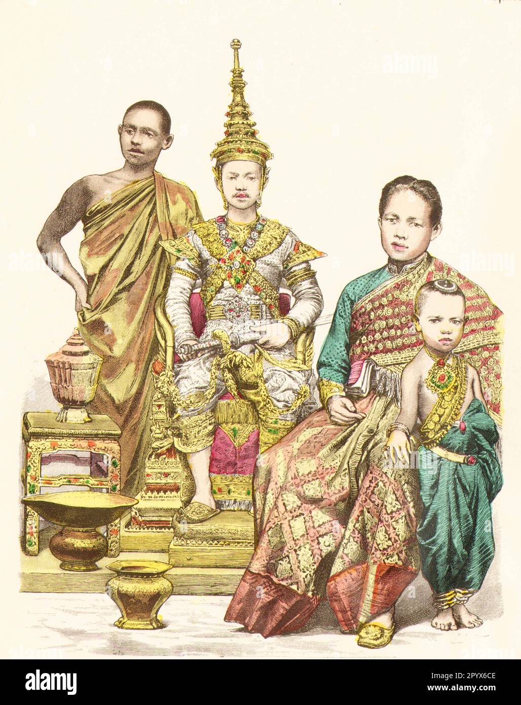 Buddah priests and the King and Queen of Siam in period costume ...