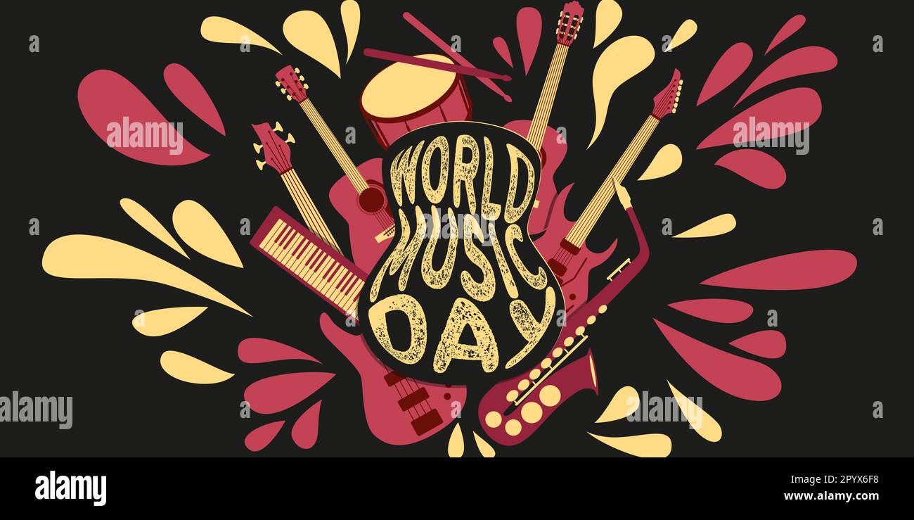 world music day design banner - guitars and instruments illustration ...