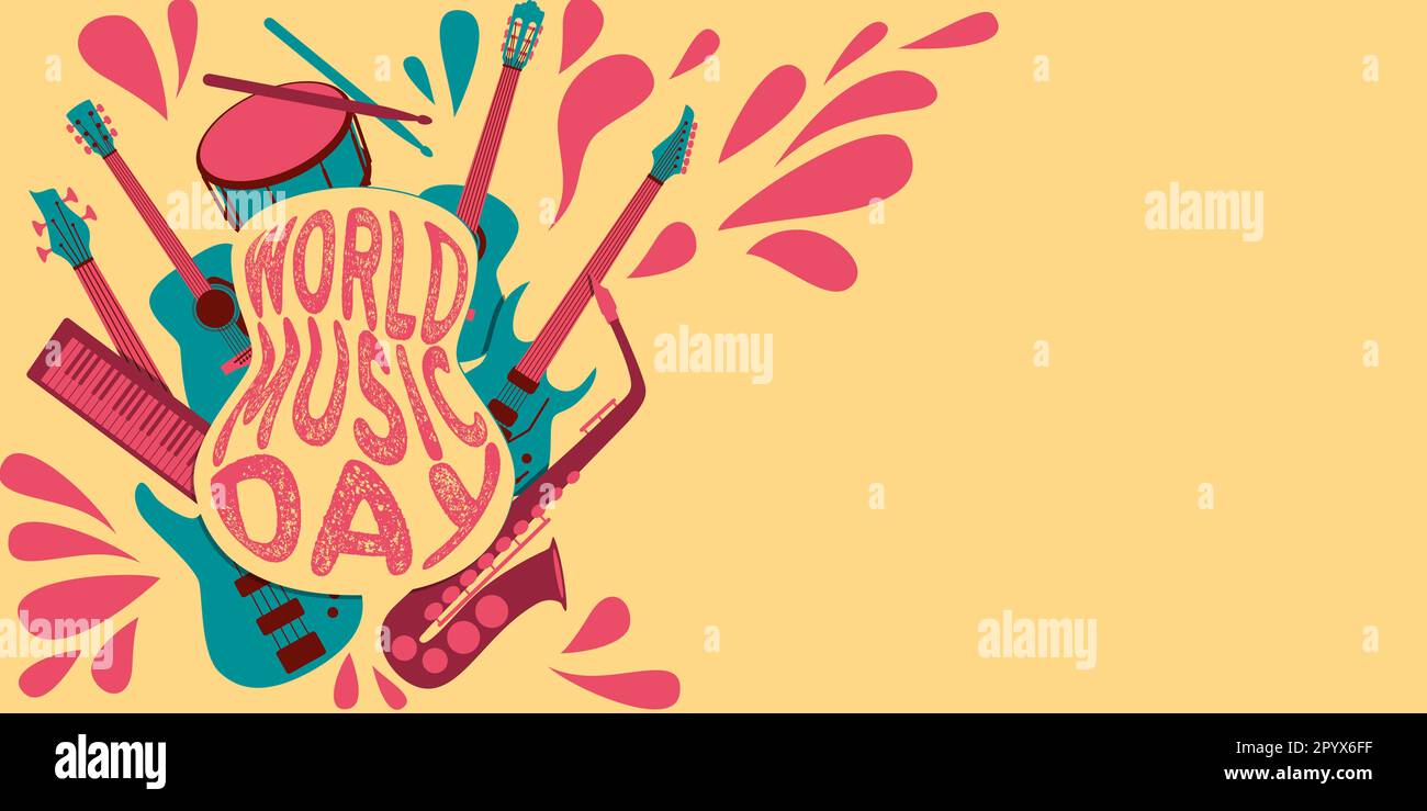 world music day design banner - guitars and instruments illustration ...