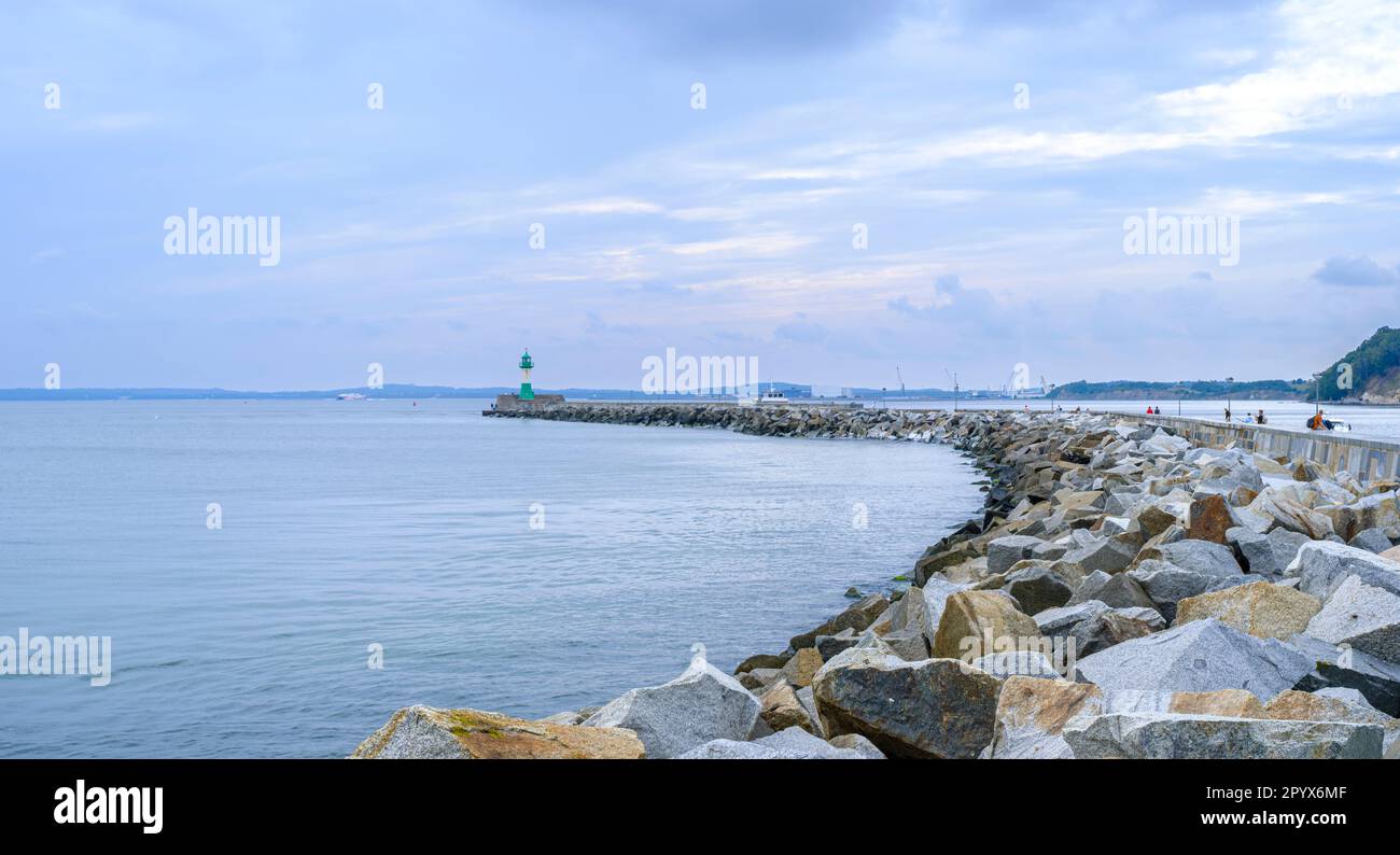 Maritime scene on the mole in the town harbour of Sassnitz, Mecklenburg ...