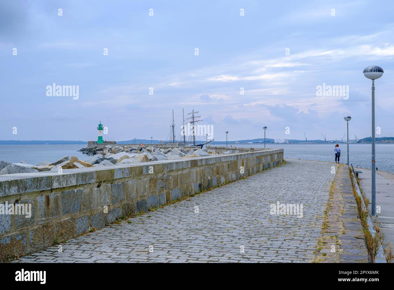 Maritime scene on the mole in the town harbour of Sassnitz, Mecklenburg ...