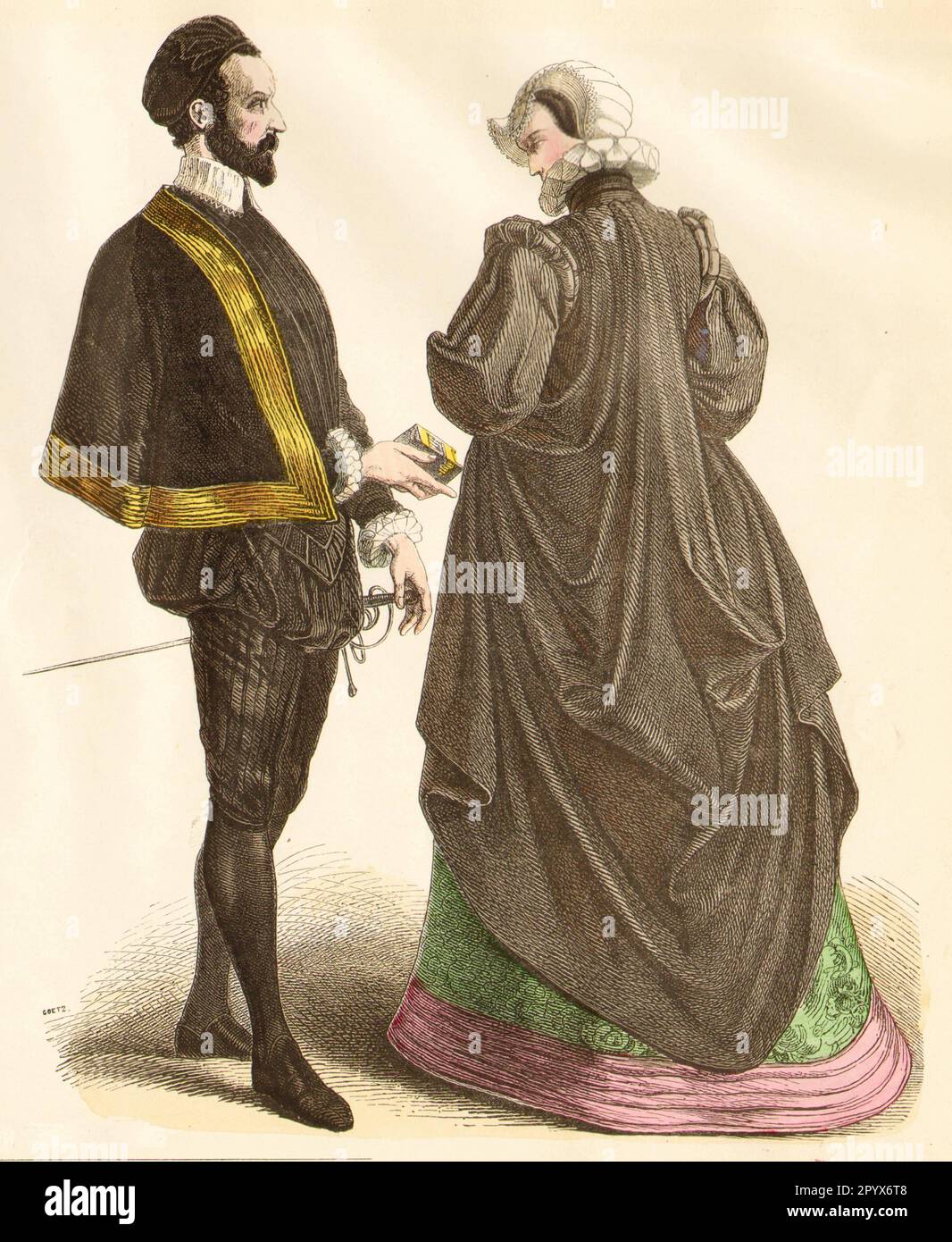 A couple in the noble court dress of the time, second third of the 16th ...