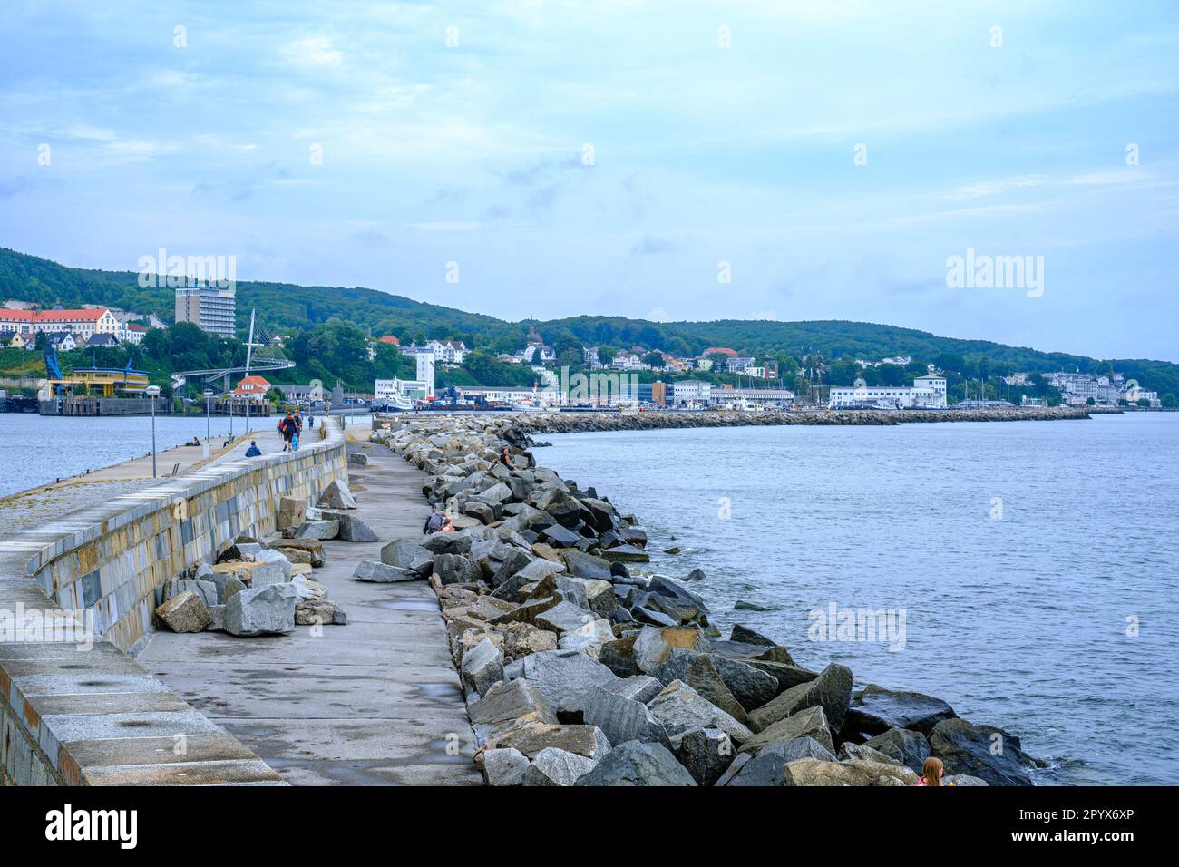 Maritime scene on the mole in the town harbour of Sassnitz, Mecklenburg ...