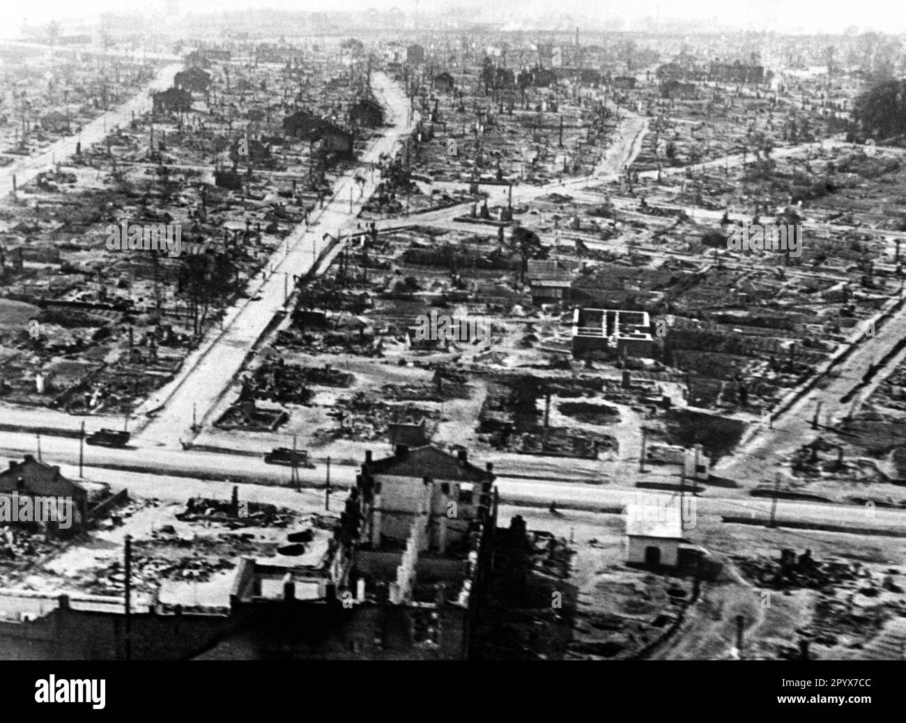 Aerial view of Vitebsk completely destroyed by the fighting. The wooden ...