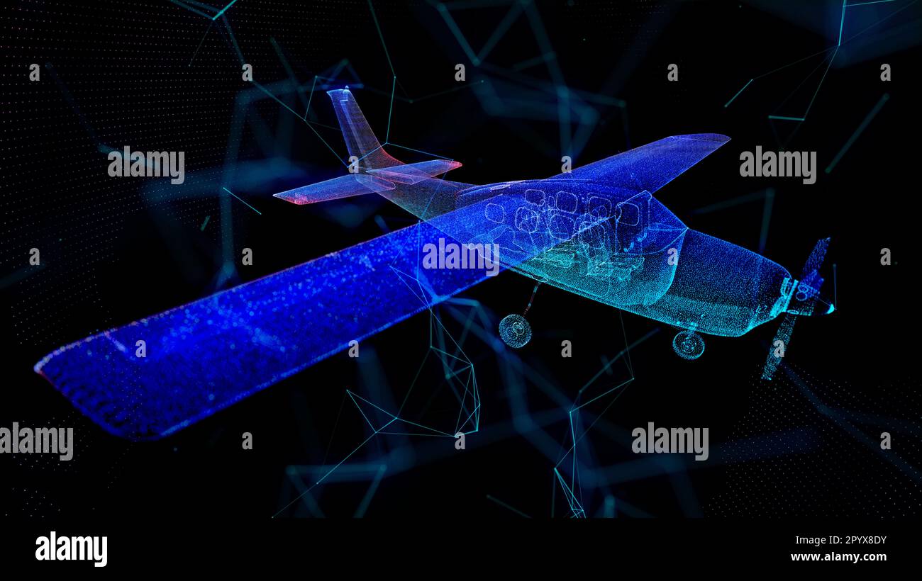 Airplane with piston engine and propeller. Light effect particles ...