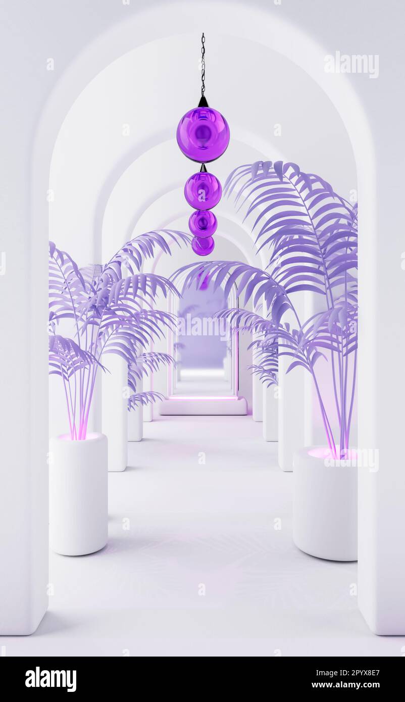 A 3D rendering of a modern hallway with a white ceiling and contrasting ...