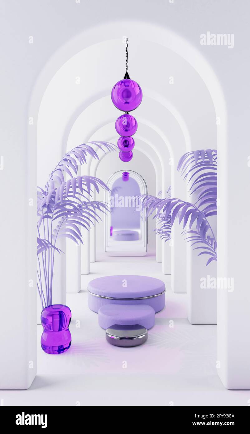 A 3D rendering of a modern hallway with a white ceiling and contrasting ...