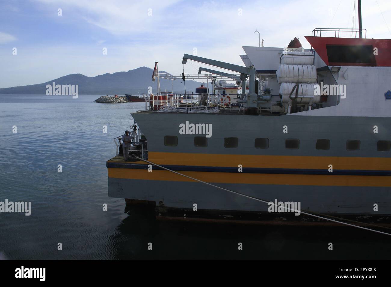 View of the city of Manado in Indonesia from the sea. You can see the ...