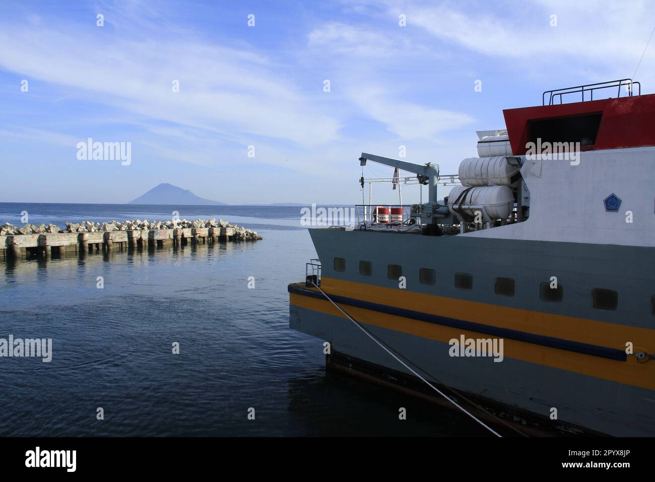 View of the city of Manado in Indonesia from the sea. You can see the ...