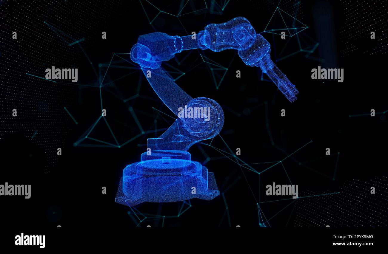 Industrial robot. Blue particles formation in 3d robot hand model Stock ...