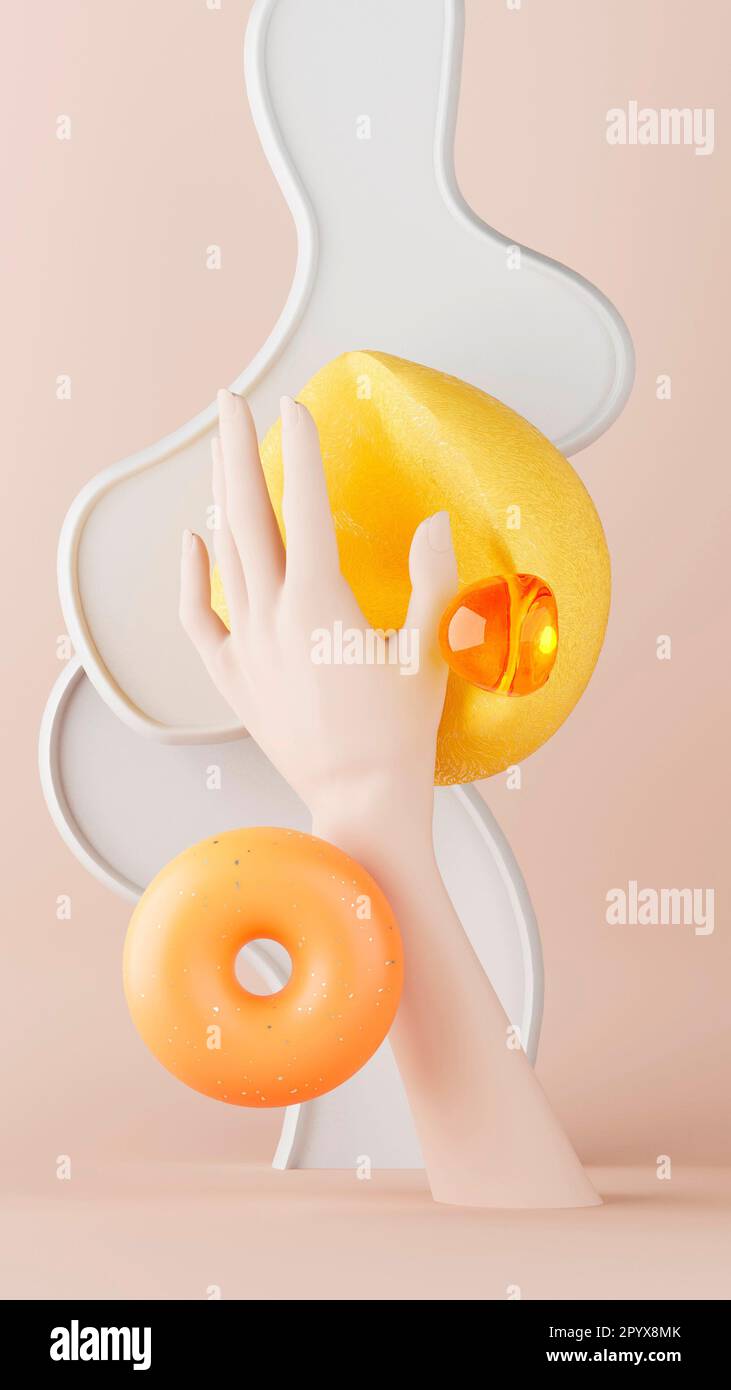 A 3D rendering of a human hand stretched out through yellow and white ...