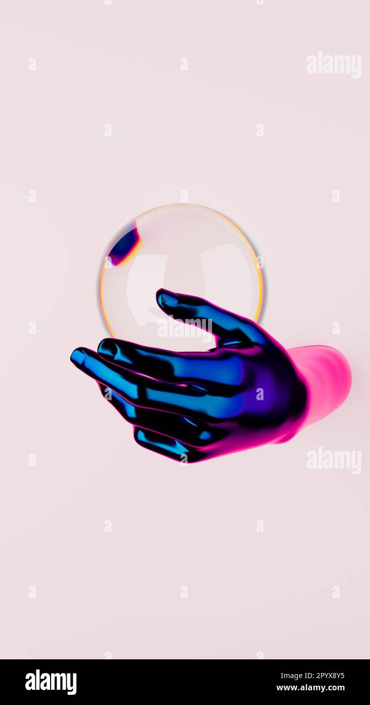 A 3D rendering of a human hand holding a floating bubble on a pale pink ...