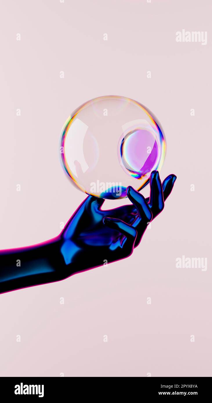 A 3D rendering of a human hand holding a floating bubble on a pale pink ...
