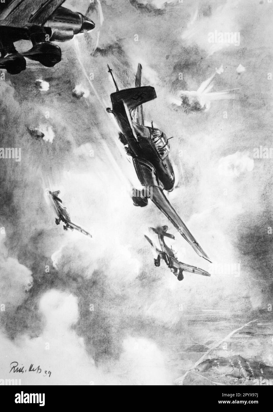 A German propaganda drawing from 1939 shows an attack by German dive ...