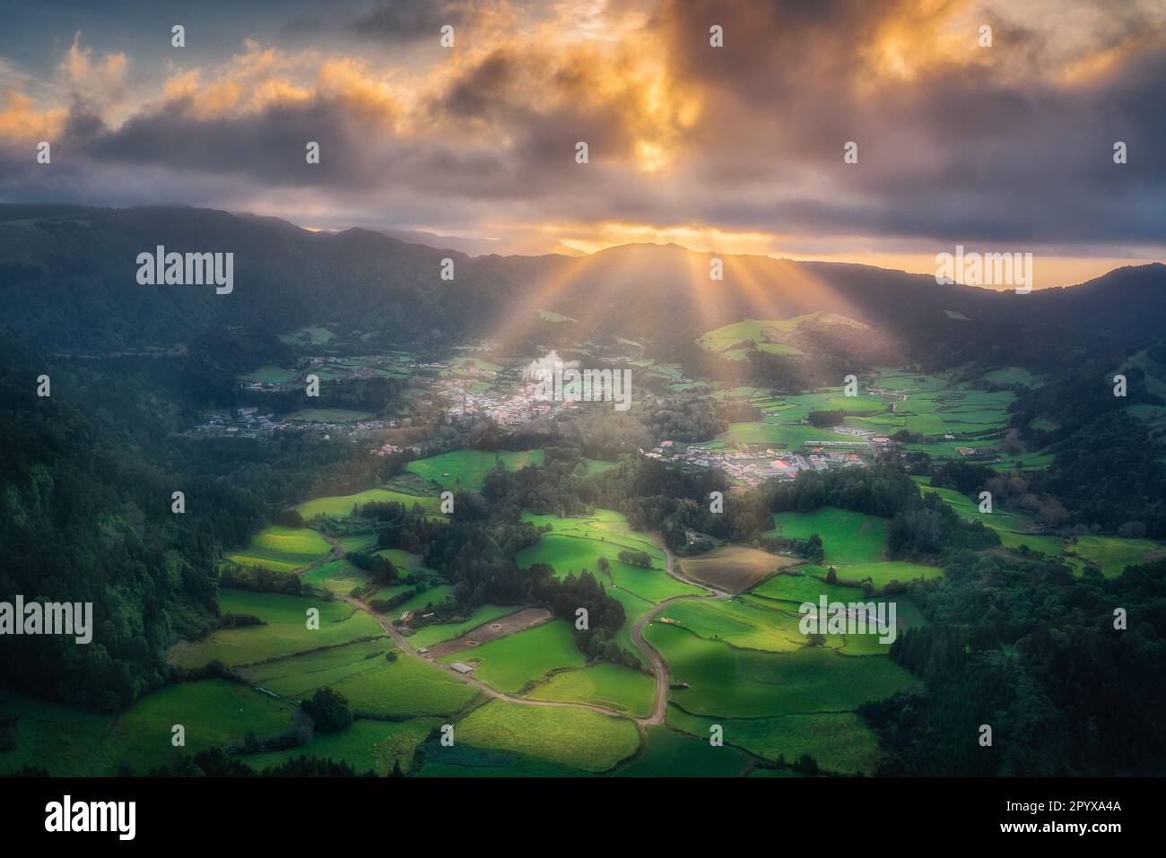 Aerial view of the city Furnas and the countryside landscapes on Sao ...