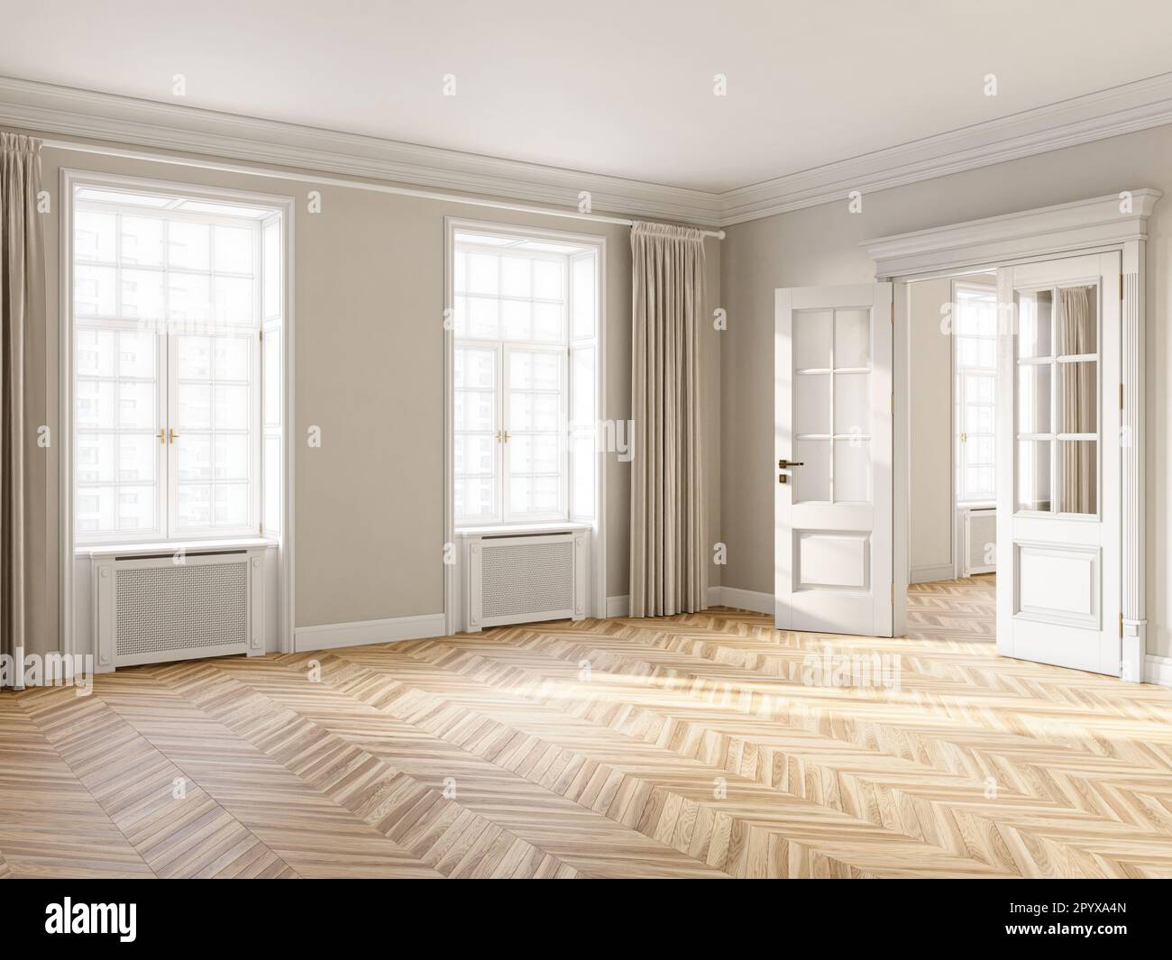 Empty living room interior design with windows, beige walls and ...