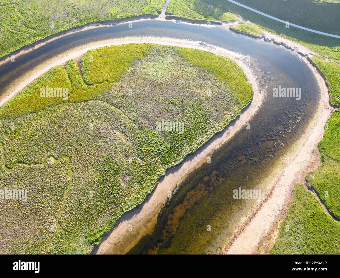 aerial views of the meanders of the cuckmere river in the south downs ...