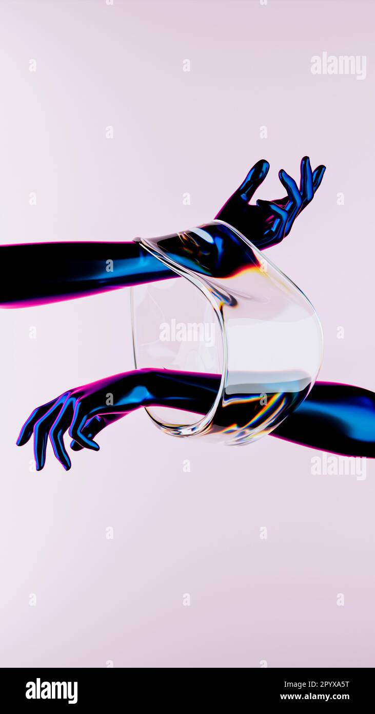 A 3D rendering of human hands wrapped in floating bubble on a pale pink ...