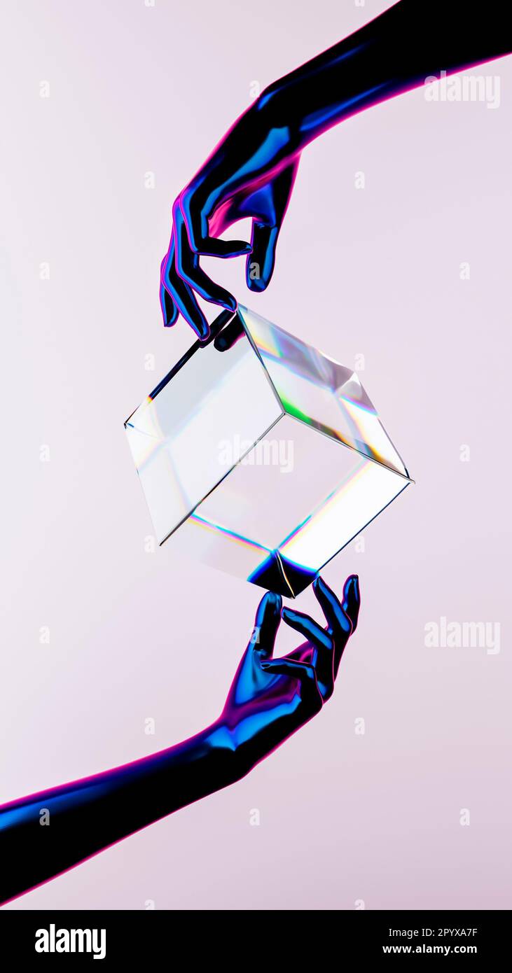 A 3D rendering of human hands holding a square shaped bubble on a pale ...