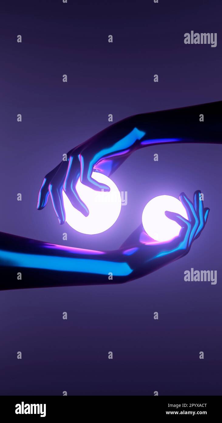 A 3D rendering of human hands holding neon circle shaped objects on ...
