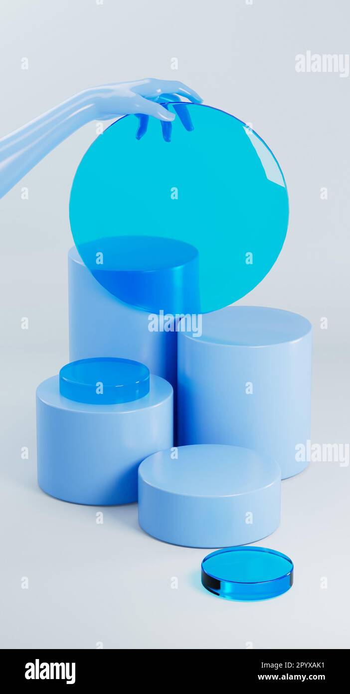 A 3D rendering still life of blue plastic cylindrical containers ...