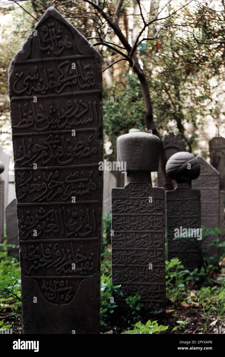 Headstone with Arabic characters at an old islamic cemetery in Istanbul ...