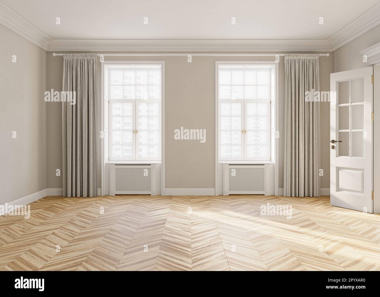 Empty living room interior design with windows, beige walls and ...