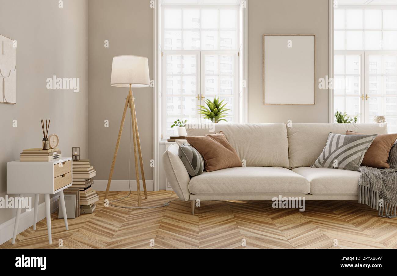 Bright living room interior design with windows and beige walls Stock ...