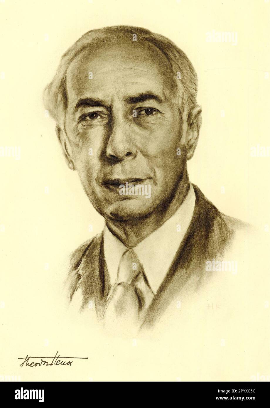 Theodor Heuss (1884-1963), German politician and publicist. Drawing by ...