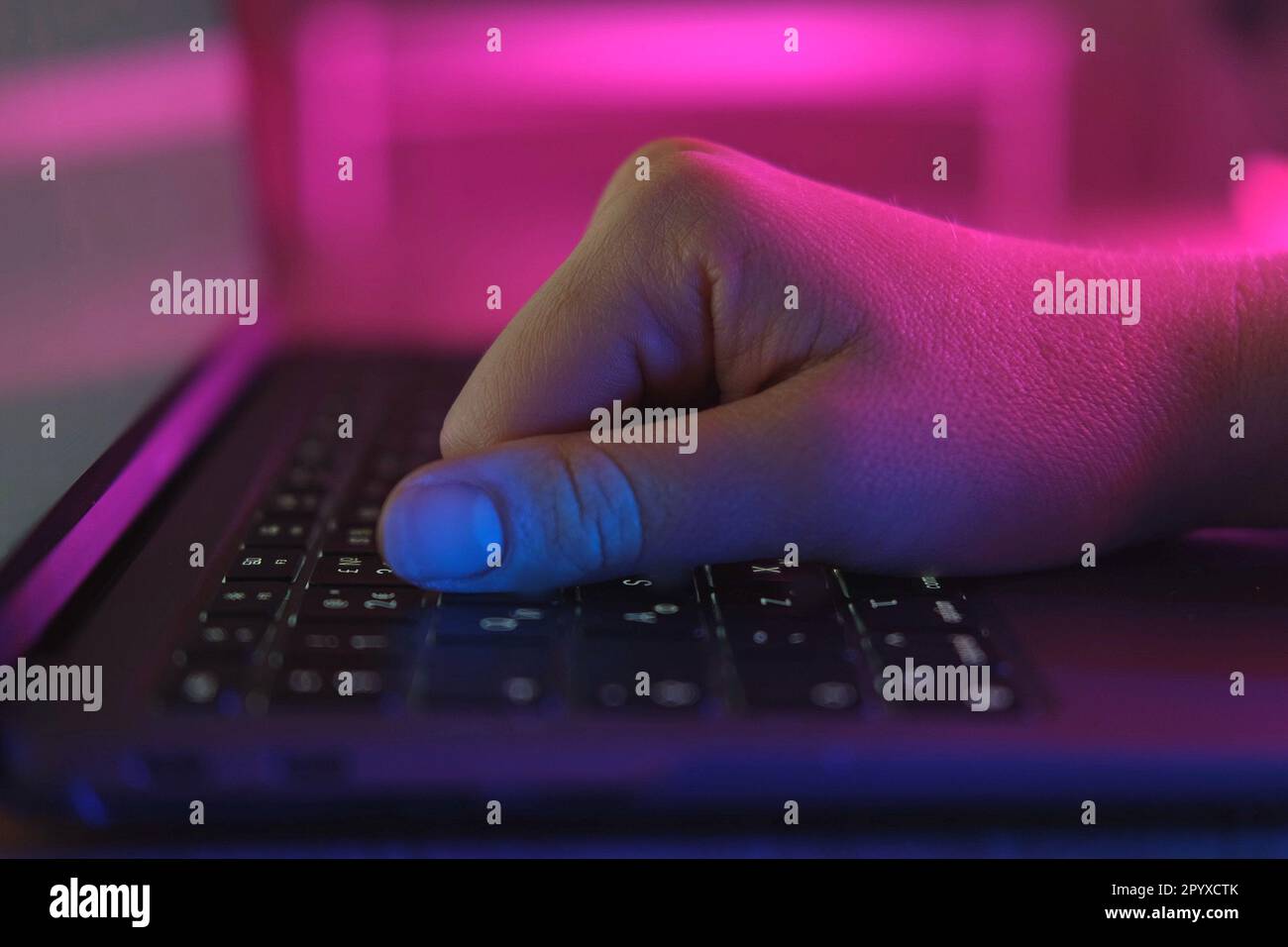 Person typing at laptop computer at night. Female uses keyboard, shakes ...
