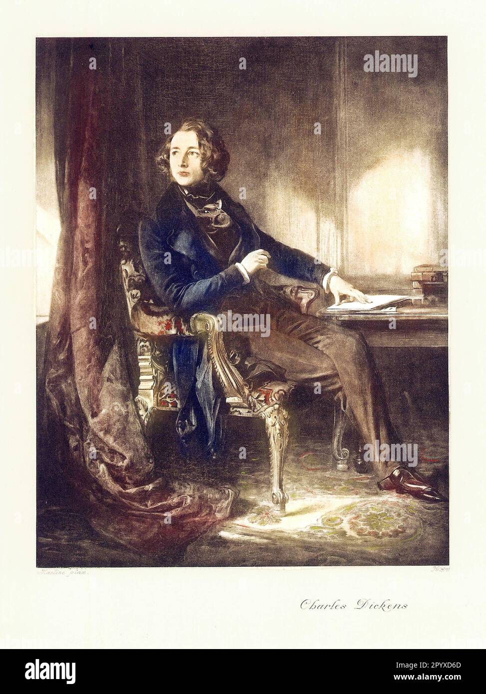 Charles Dickens (1812-1870), British writer. Painting by Maclise. Photo: Heliogravure, Corpus ...