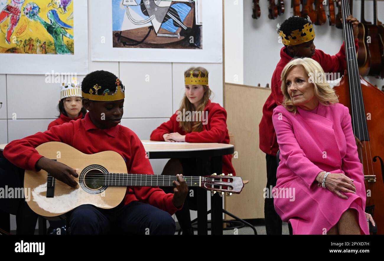 First Lady of the United States, Dr Jill Biden, listens to a music ...