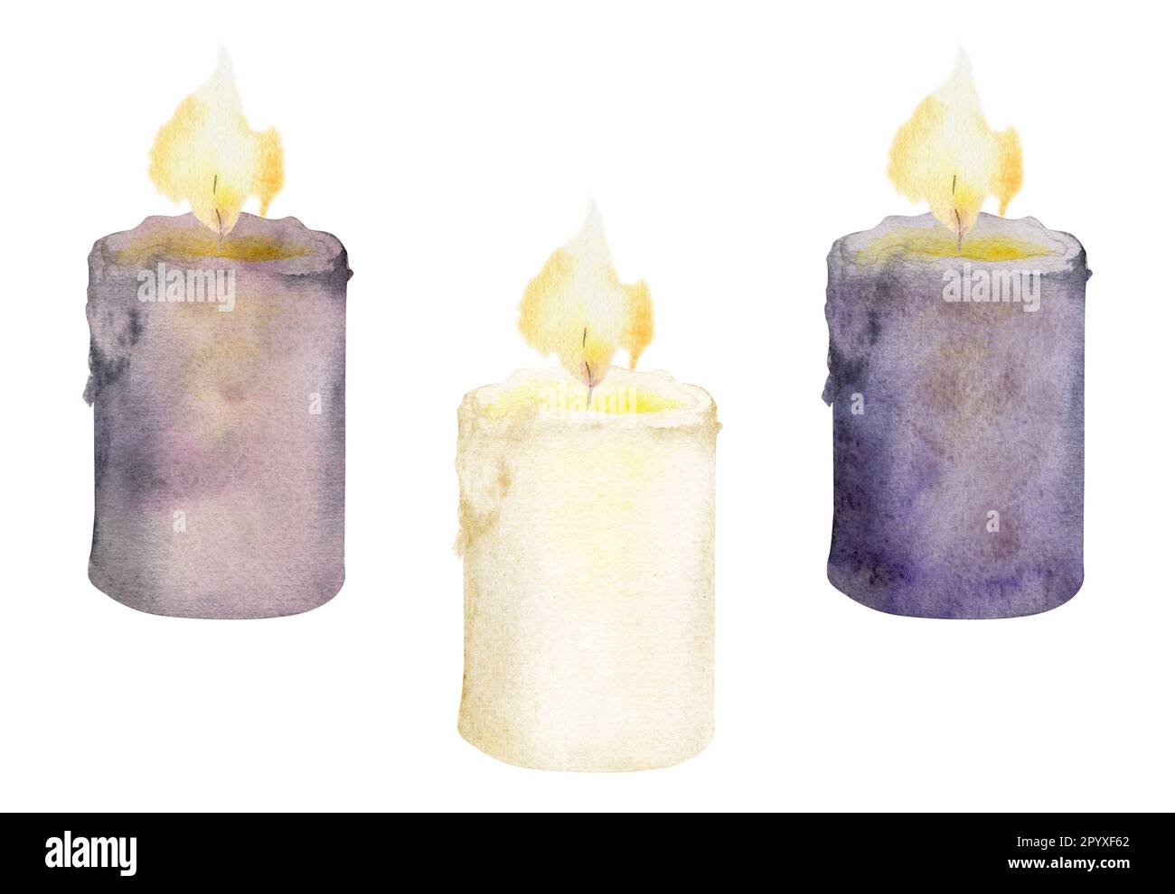 Hand drawn watercolor assorted candles lit with flames. Votives, balls ...