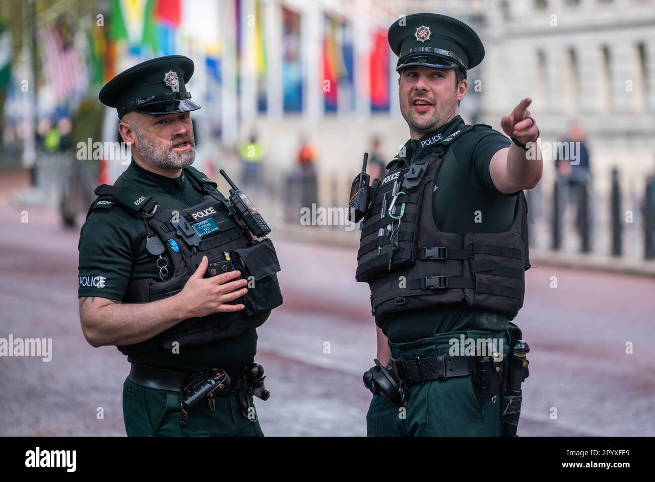 London UK. 5 May 2023. Northern Ireland police officer on duty in ...
