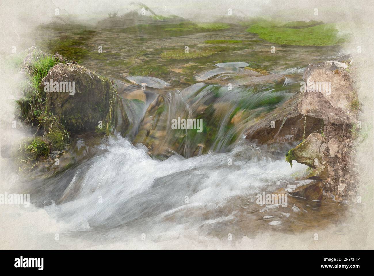 Digital watercolour painting of flowing water, and waterfall cascades ...