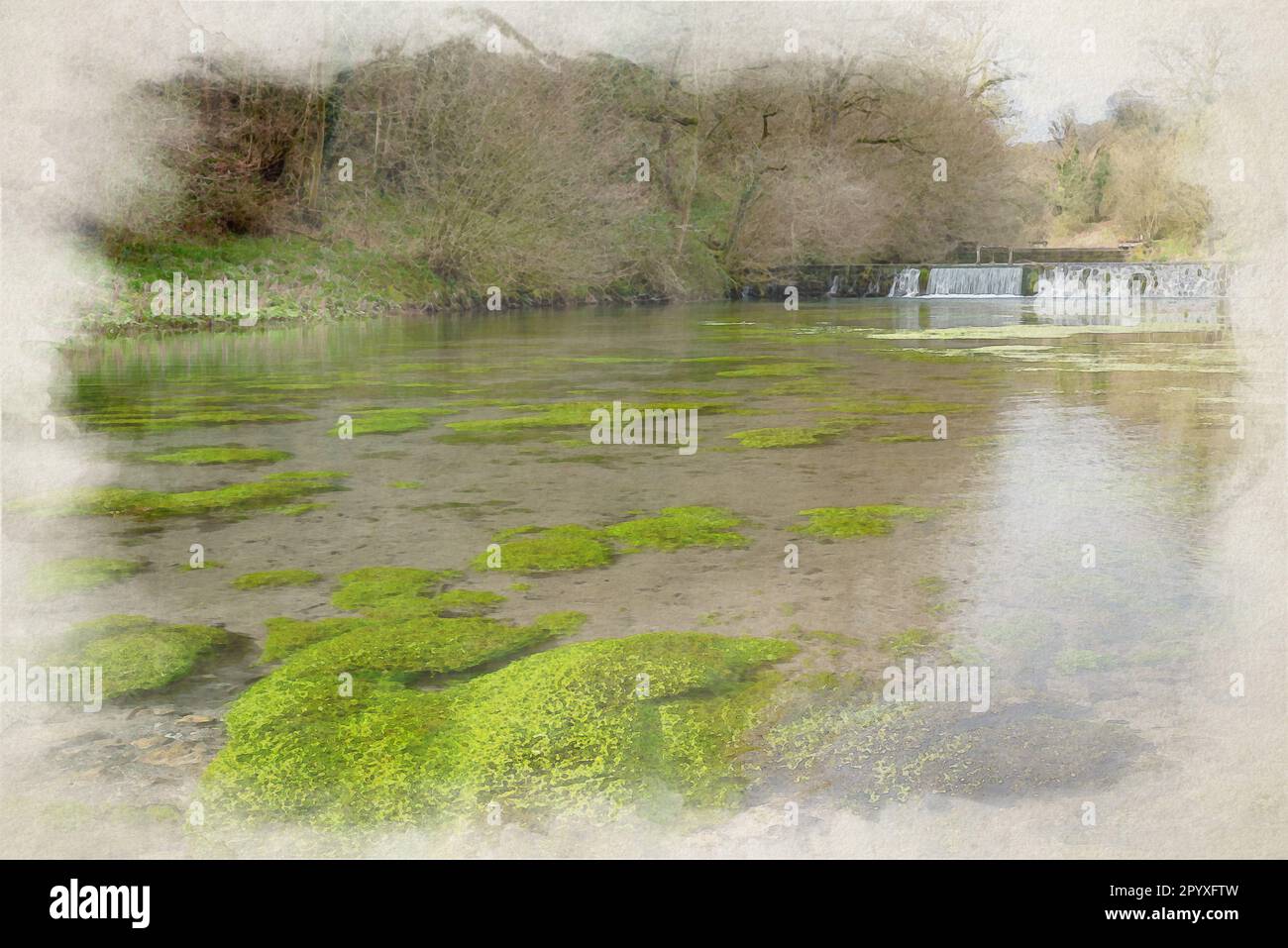 Digital watercolour painting of flowing water, and waterfall cascades ...