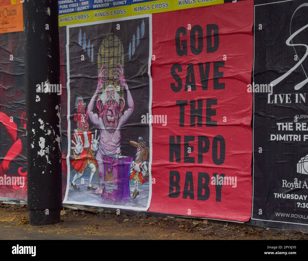 London, UK. 5th May 2023. Anti-monarchy posters, one reading 'God save ...