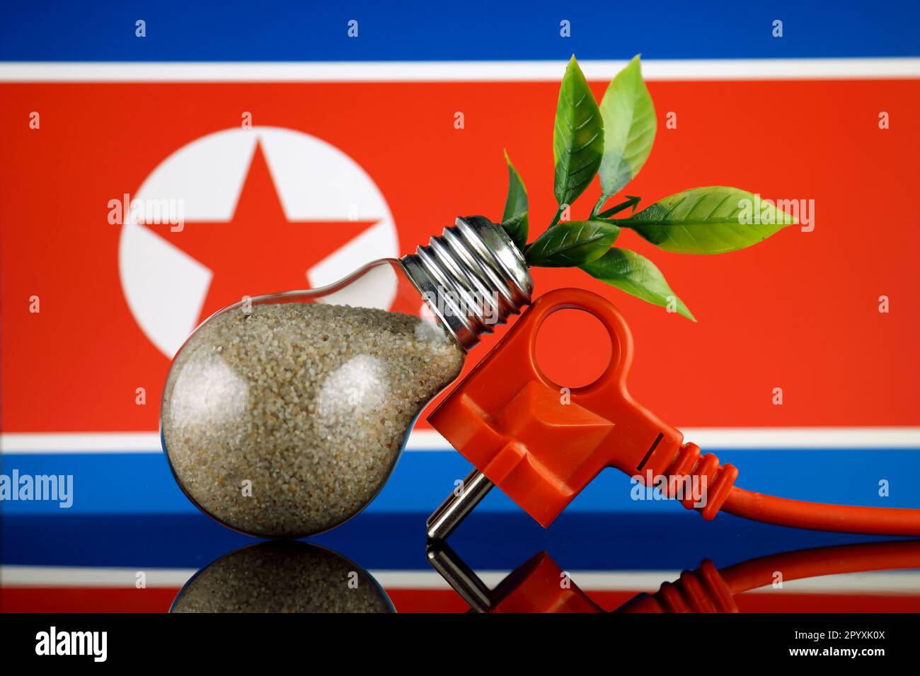 Plug, plant growing inside the light bulb and North Korea Flag. Green ...