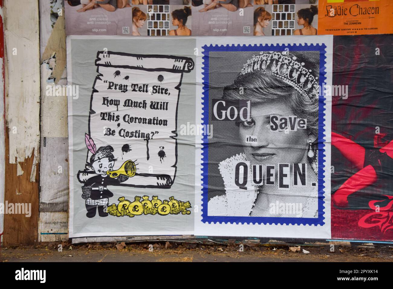 London, UK. 5th May 2023. Anti-monarchy posters appear on a wall in ...