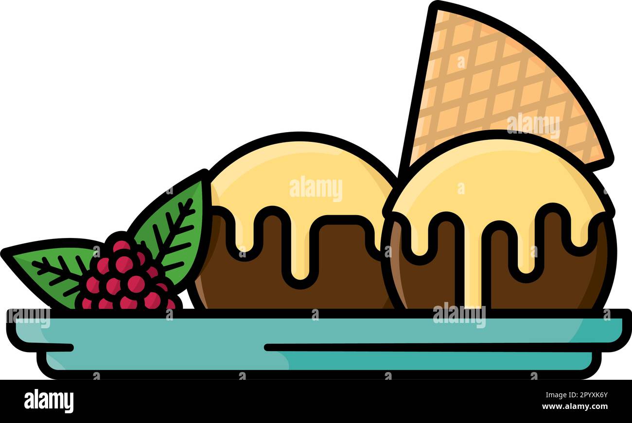 Scoops of ice cream with vanilla topping and raspberry on plate ...