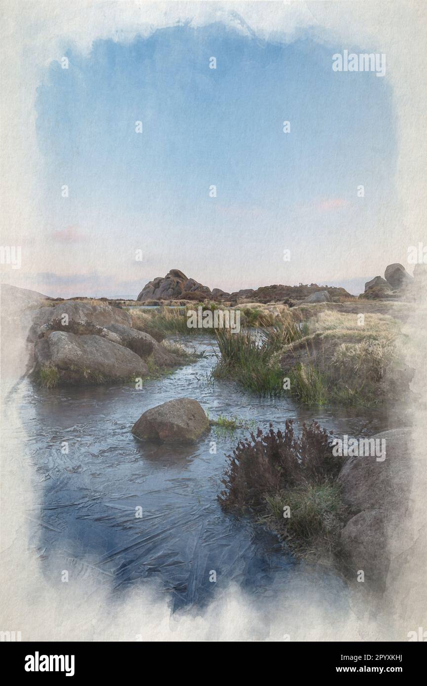 Digital watercolour painting of sunrise at Doxey Pool on The Roaches ...