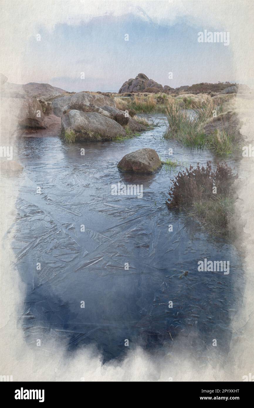 Digital watercolour painting of sunrise at Doxey Pool on The Roaches ...