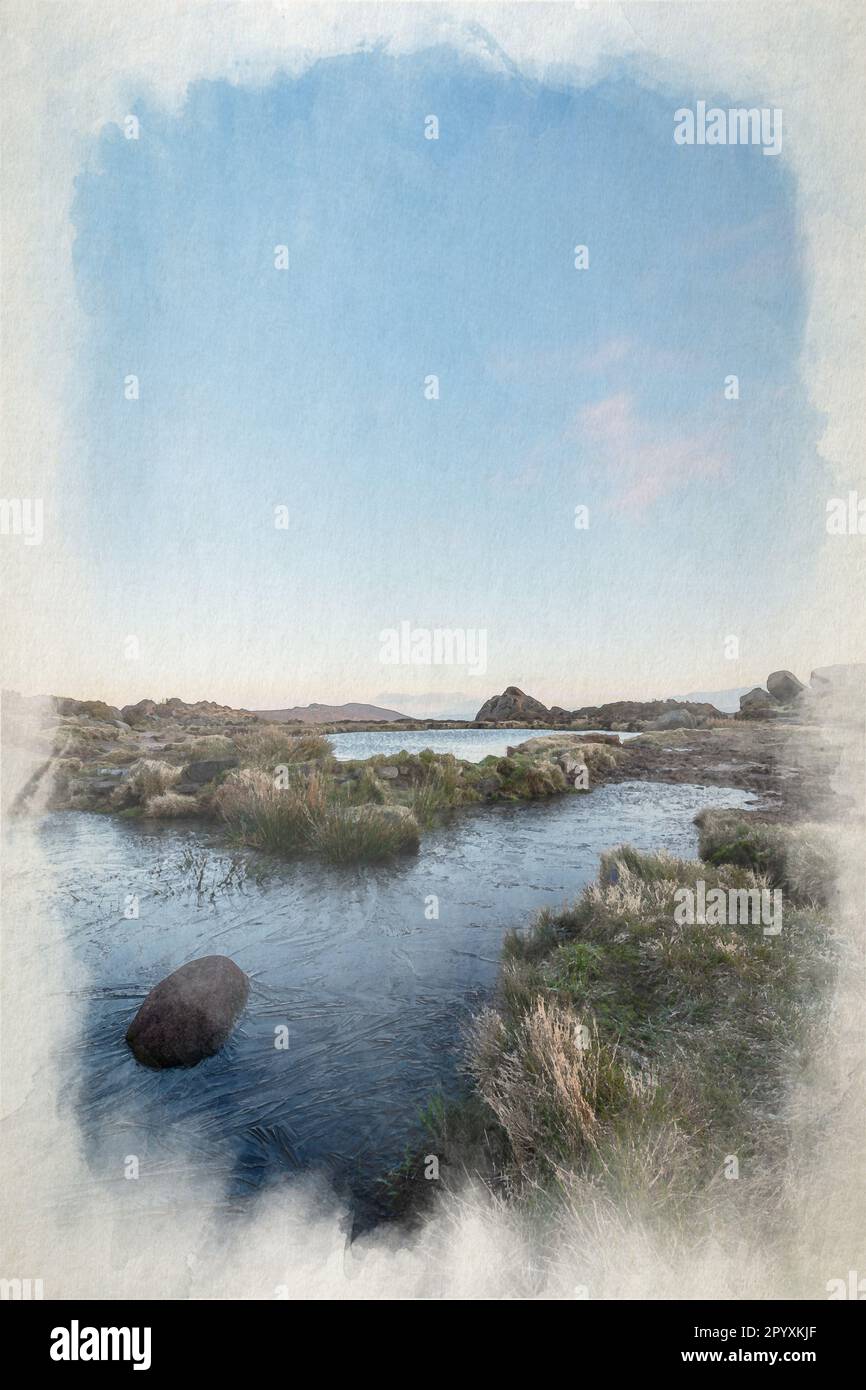 Digital watercolour painting of sunrise at Doxey Pool on The Roaches ...