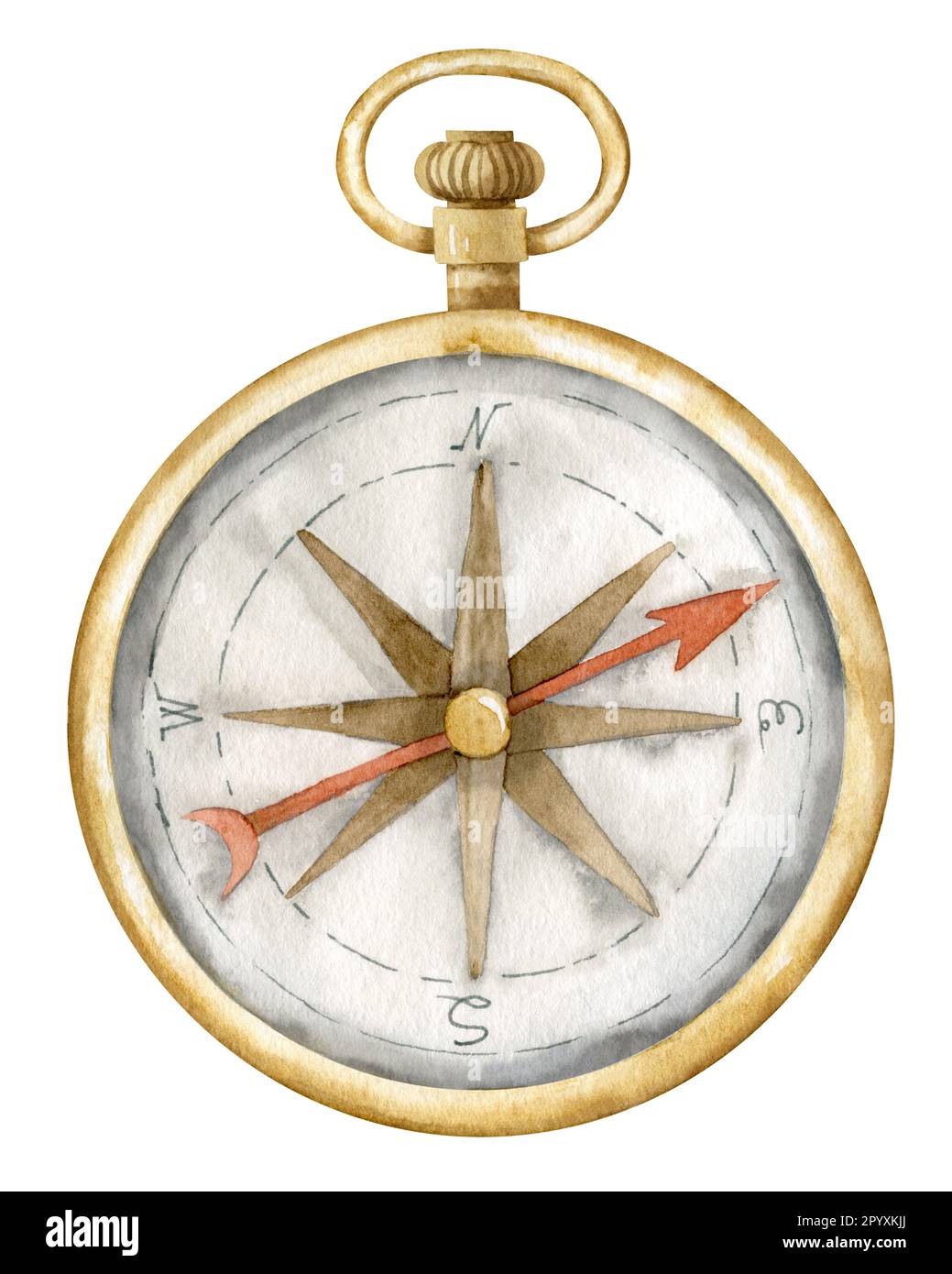 Vintage golden hand Compass. Watercolor drawn illustration of old retro ...
