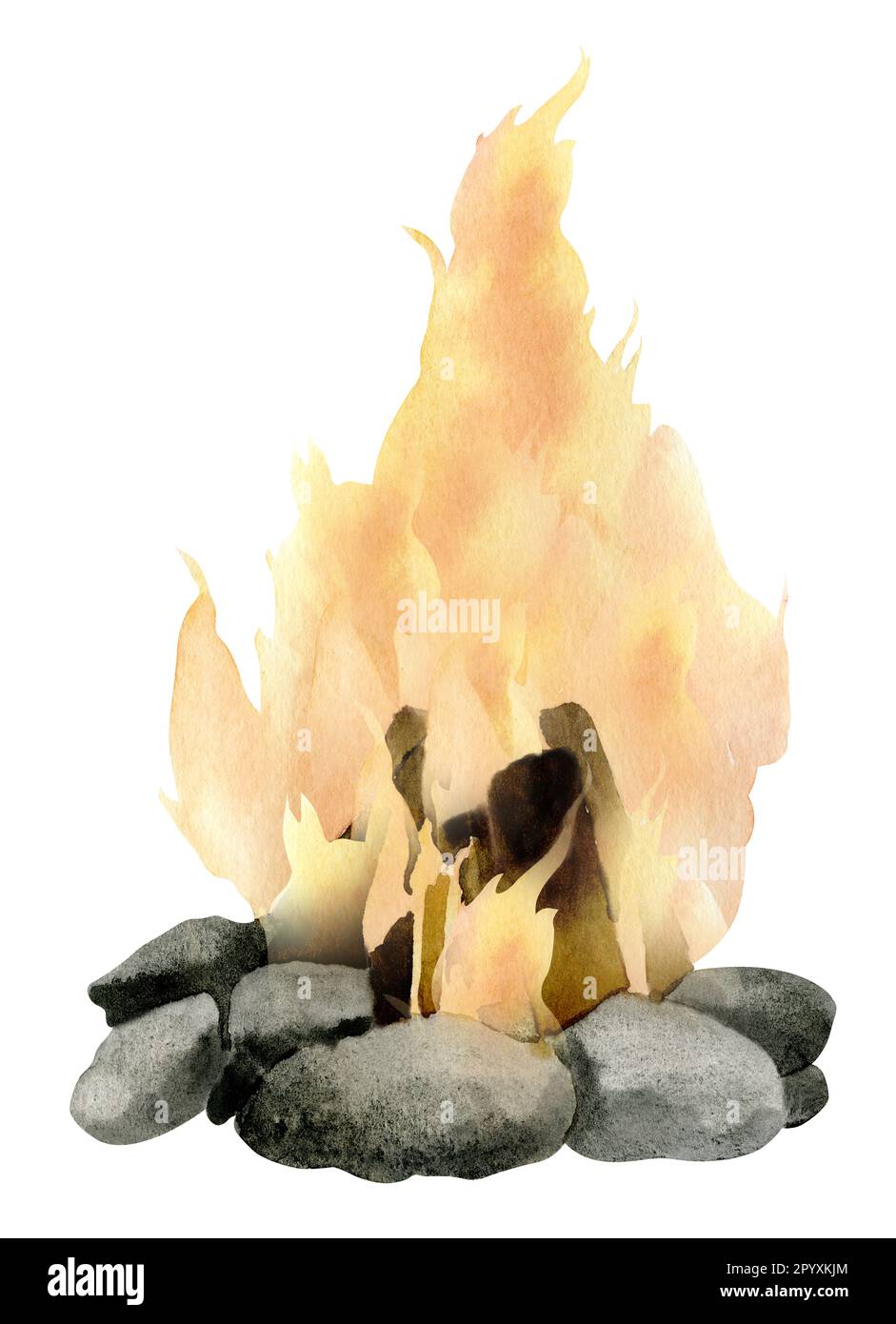 Camp fire with orange flame and wooden lags. Hand drawn watercolor ...