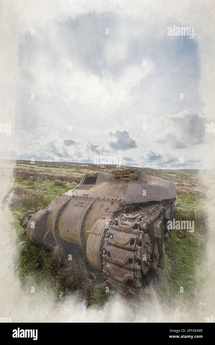 Abandoned Sherman tank digital watercolour painting in the Peak ...
