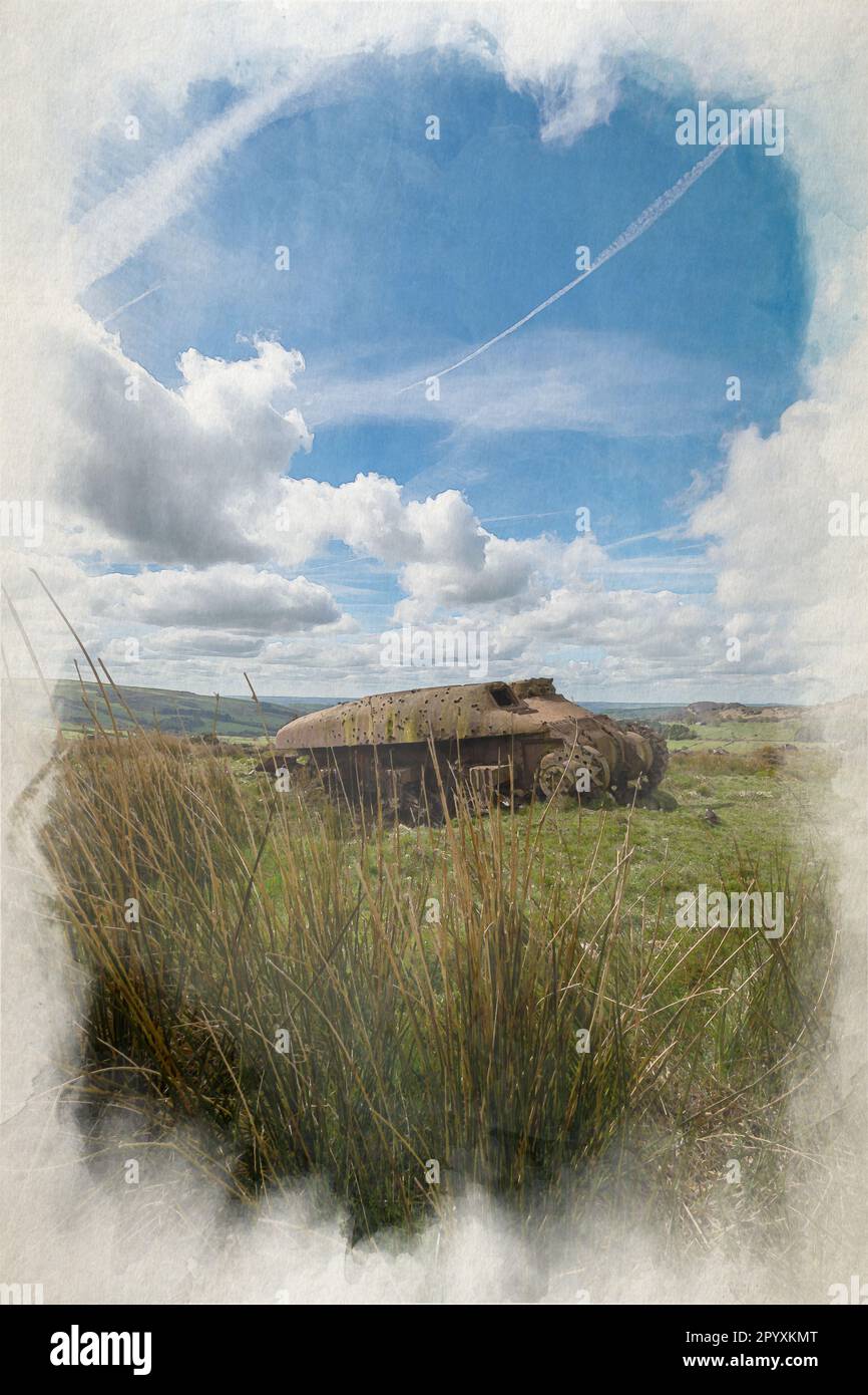 Abandoned Sherman tank digital watercolour painting in the Peak ...