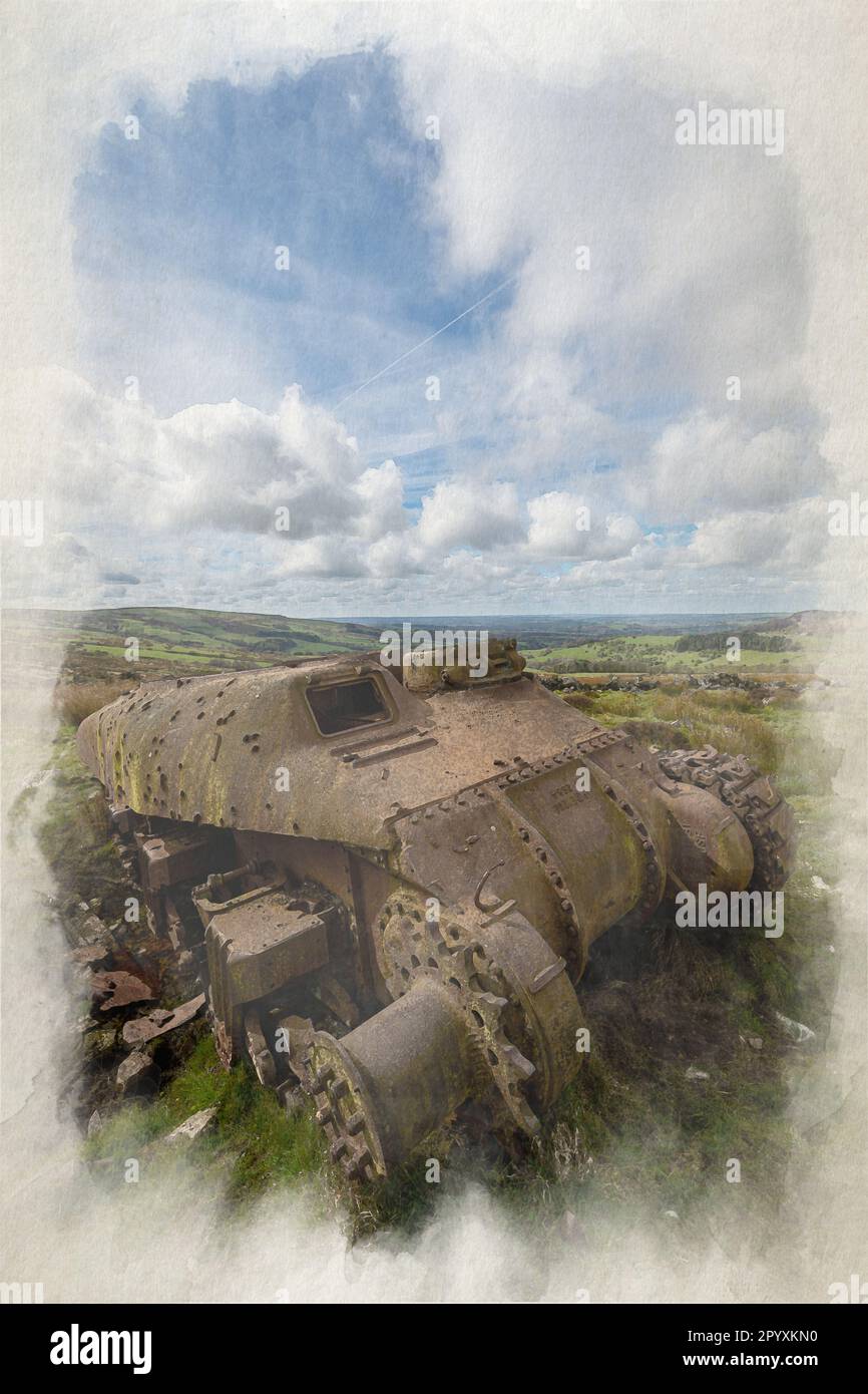 Abandoned Sherman tank digital watercolour painting in the Peak ...