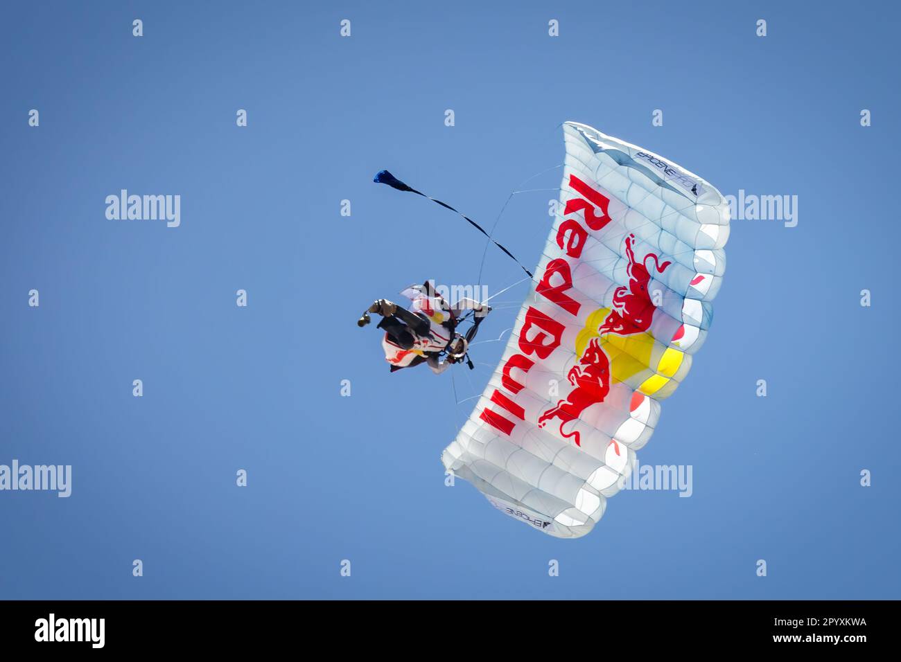 A parachutist with the Red Bull Air Force performing at the 2023 ...